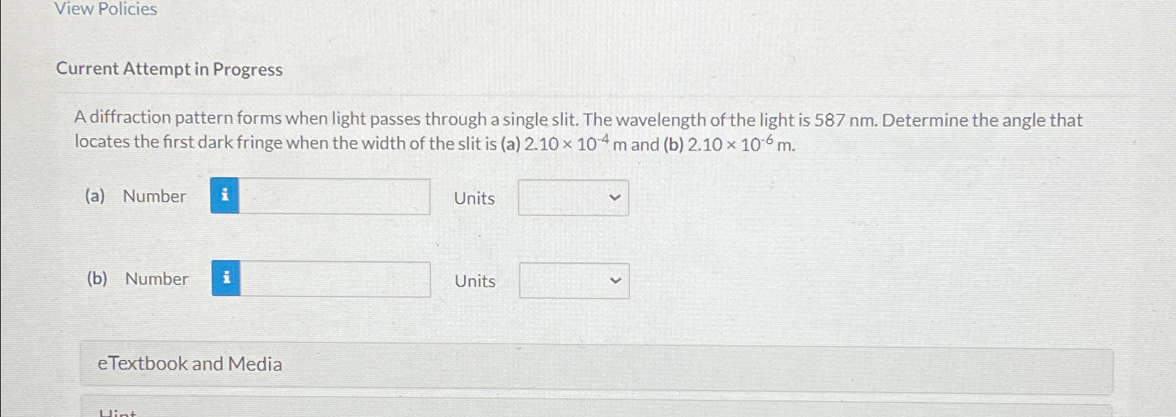 Solved View PoliciesCurrent Attempt in ProgressA diffraction | Chegg.com