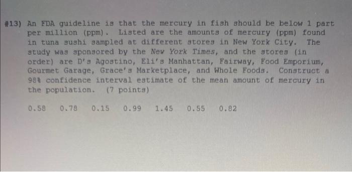 Solved #13) An FDA guideline is that the mercury in fish | Chegg.com