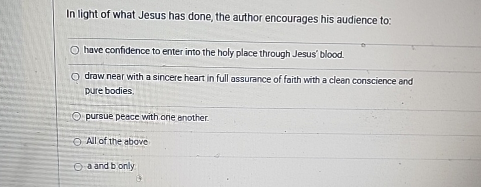 Solved In light of what Jesus has done, the author | Chegg.com