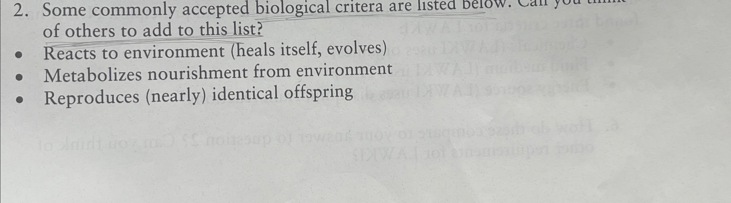 Solved Some commonly accepted biological critera are listed | Chegg.com