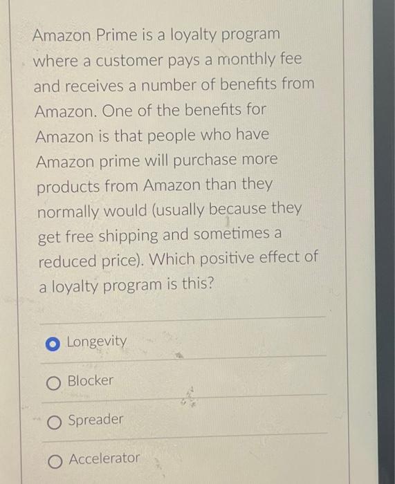 Amazon Prime is a loyalty program where a customer | Chegg.com