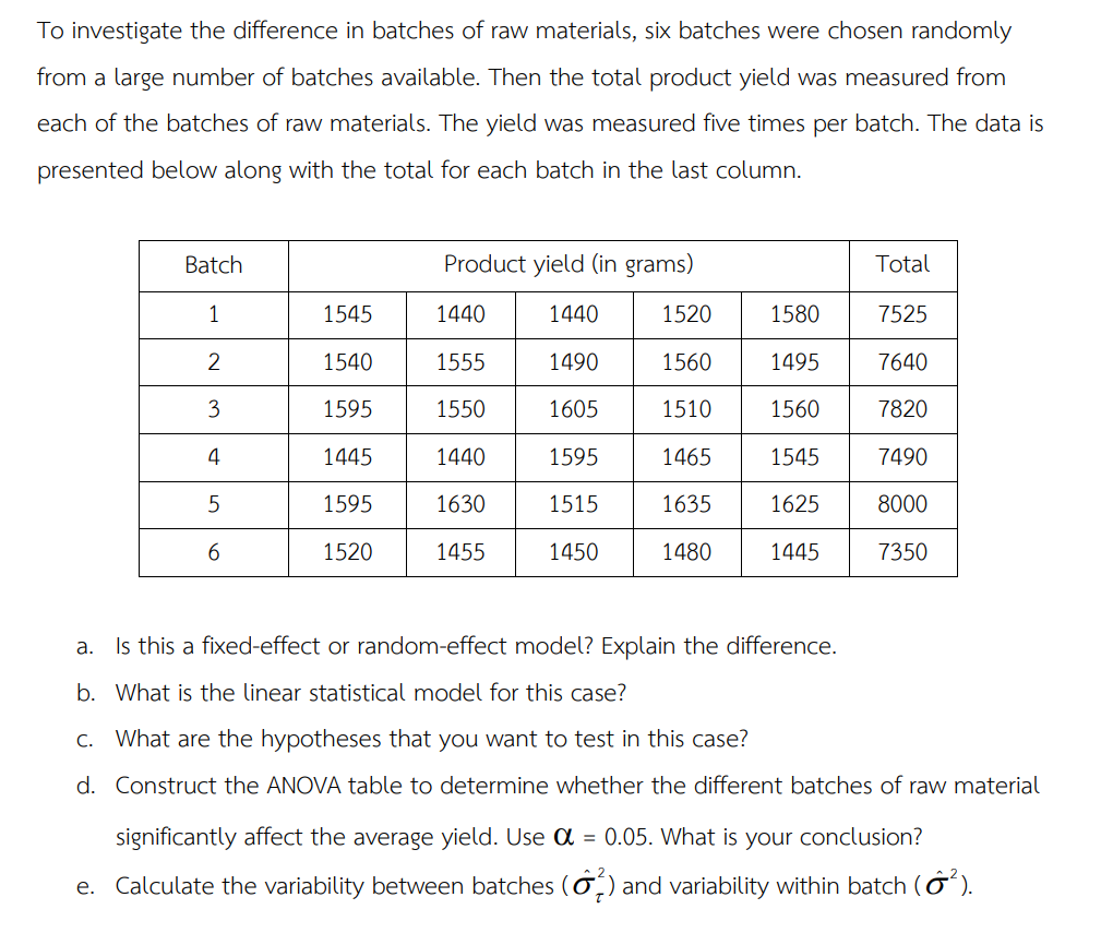 Solved To investigate the difference in batches of raw | Chegg.com