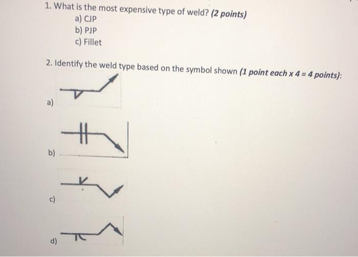 Solved 1. What is the most expensive type of weld? (2 | Chegg.com