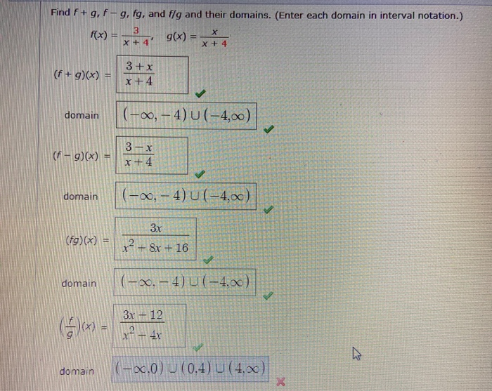 Solved Find f + 9,7-9, fg, and F/g and their domains. (Enter | Chegg.com