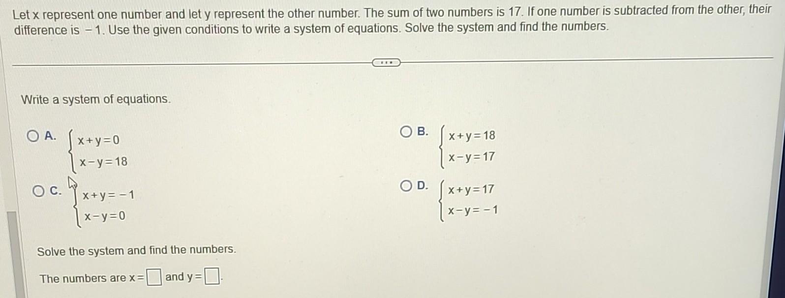 Solved Let x represent one number and let y represent the | Chegg.com