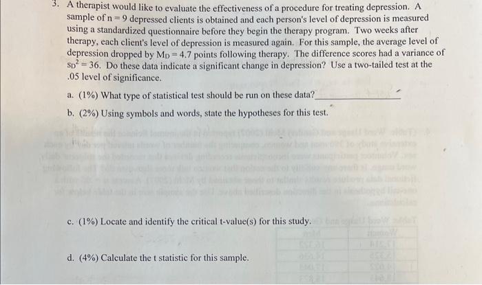 Solved 3. A therapist would like to evaluate the | Chegg.com