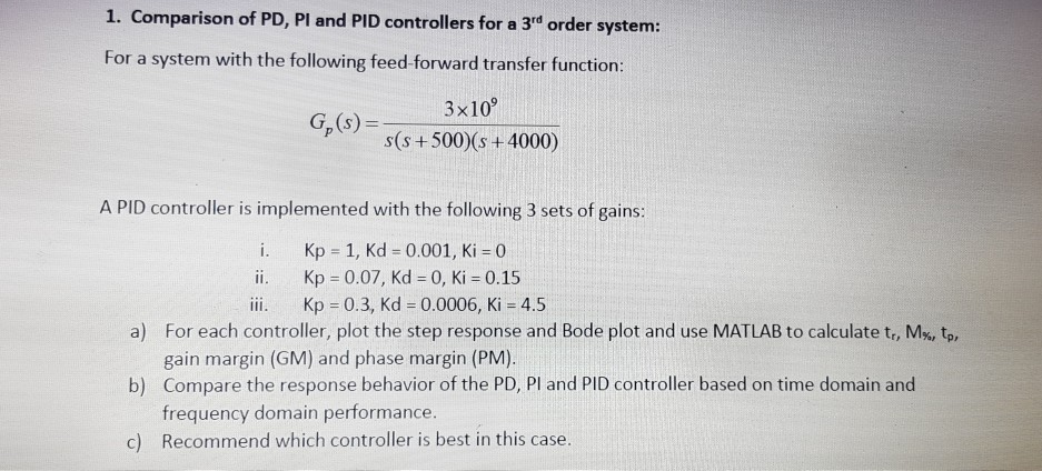Solved 1. Comparison of PD, PI and PID controllers for a 3rd | Chegg.com