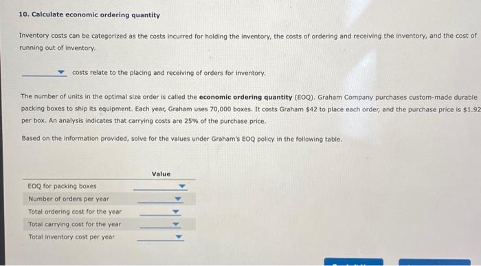 Solved 10. Calculate economic ordering quantity Inventory | Chegg.com