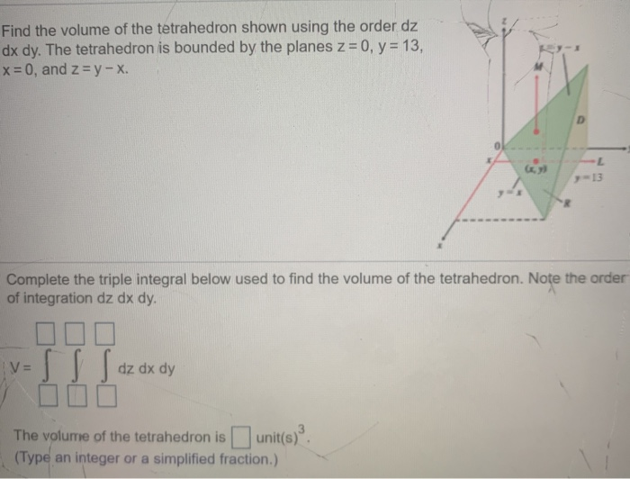 Solved Find the volume of the tetrahedron shown using the | Chegg.com