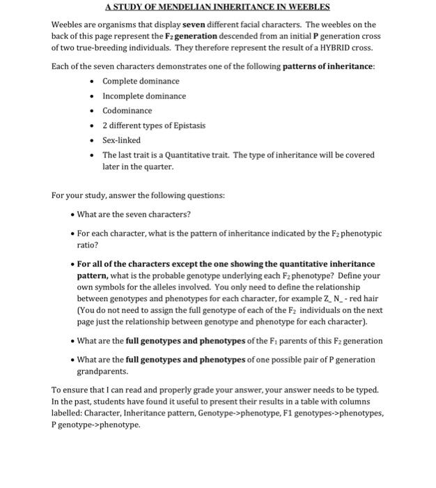 Solved A STUDY OE MENDELIAN INHERITANCE IN WEEBLES Weebles | Chegg.com
