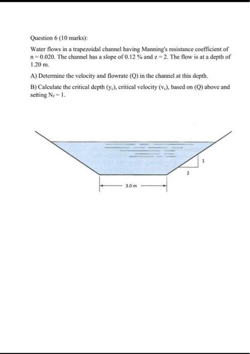 Question 6 (10 marks): Water flows in a trapezoidal | Chegg.com
