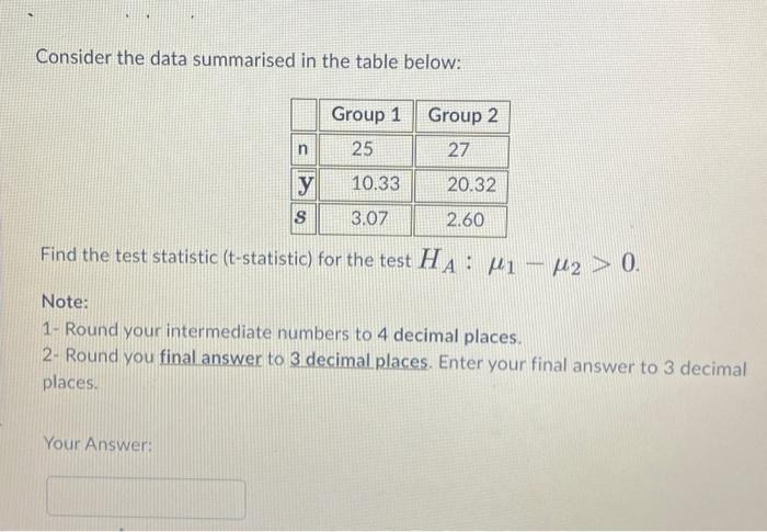 Solved Consider the data summarised in the table below: Find | Chegg.com