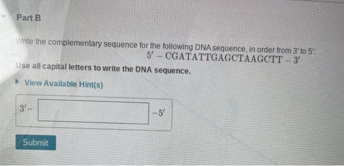 Solved Part B Write the complementary sequence for the | Chegg.com Solved Part B Write the complementary sequence for the | Chegg.com