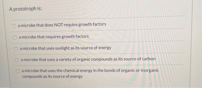 Solved A prototroph is: a microbe that does NOT require | Chegg.com
