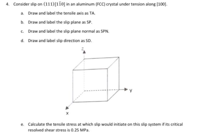 Solved 4. Consider slip on (111)[110] in an aluminum (FCC) | Chegg.com