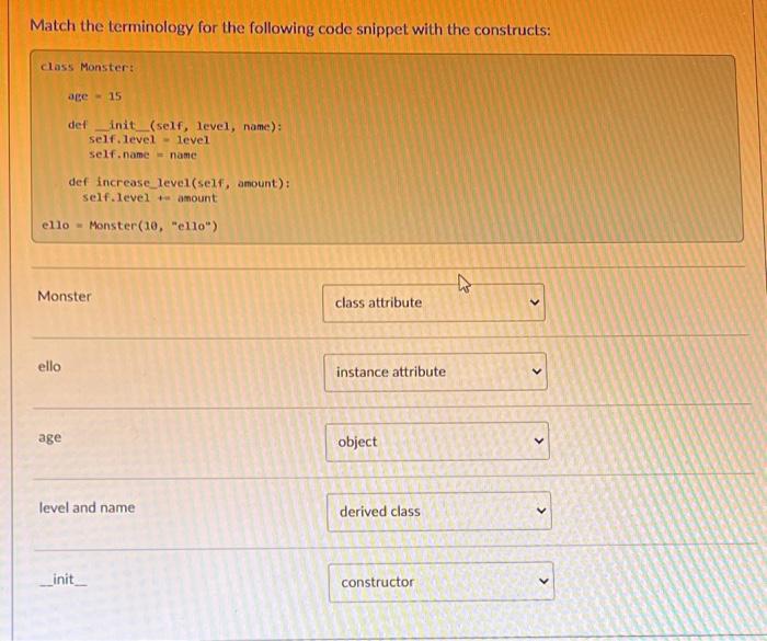 Solved Match the terminology for the following code snippet | Chegg.com