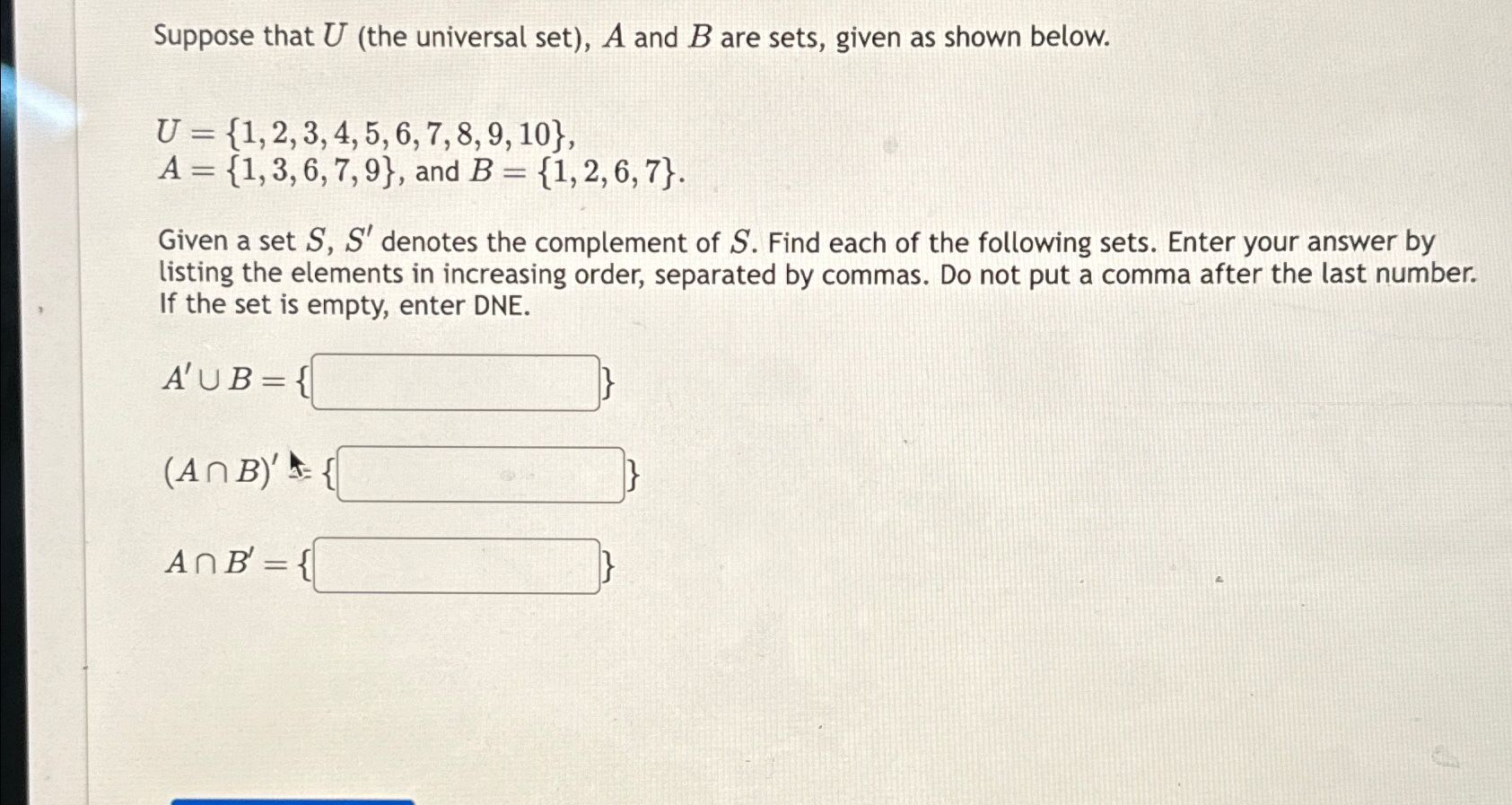 Solved Suppose that U (the universal set), ﻿A and B ﻿are | Chegg.com