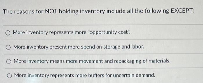 The reasons for NOT holding inventory include all the | Chegg.com