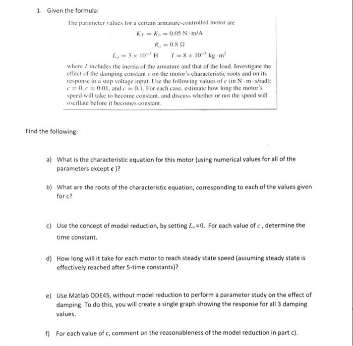 Solved 1. Given the formula: the parameter values tor a | Chegg.com