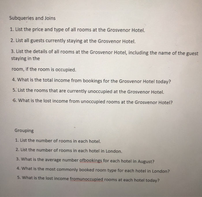 Solved The Database Hotel (Hotel No, Name, Address) Room | Chegg.com