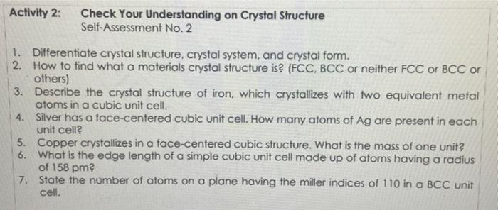 Solved Activity 2: Check Your Understanding on Crystal | Chegg.com