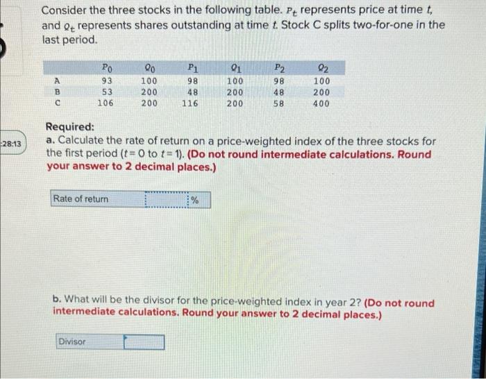 Solved Consider the three stocks in the following table. Pt | Chegg.com
