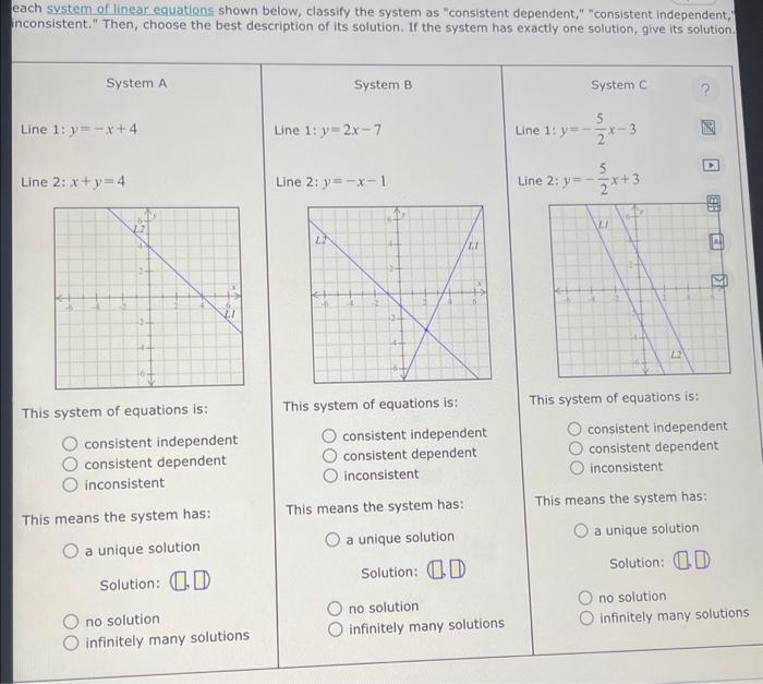 Solved each system of linear equations shown below, classify | Chegg.com