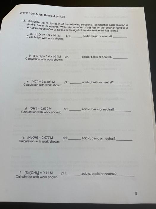 Solved 2. Calculate the pH for each of the following | Chegg.com