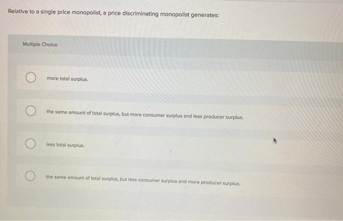 Solved Relative to a single price monopolist, a price | Chegg.com Solved Relative to a single price monopolist, a price | Chegg.com