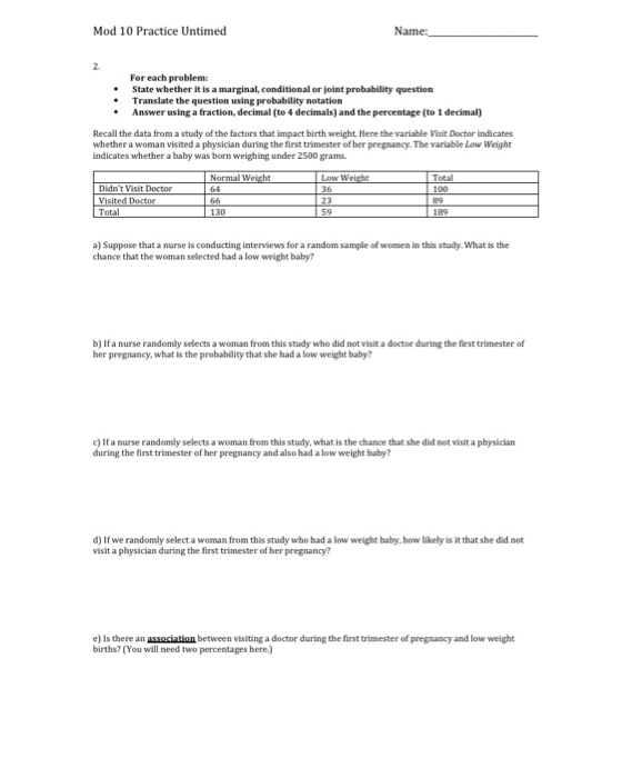 Solved Mod 10 Practice Untimed Name: For each problem: State | Chegg.com