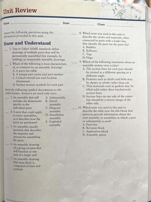 Solved Unit Review Name Answer the following questions using | Chegg.com