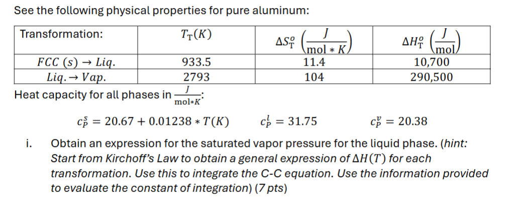 See the following physical properties for pure | Chegg.com