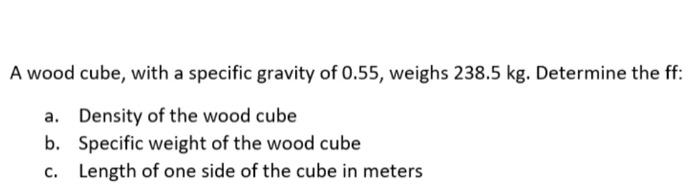 Solved A wood cube, with a specific gravity of 0.55, weighs | Chegg.com
