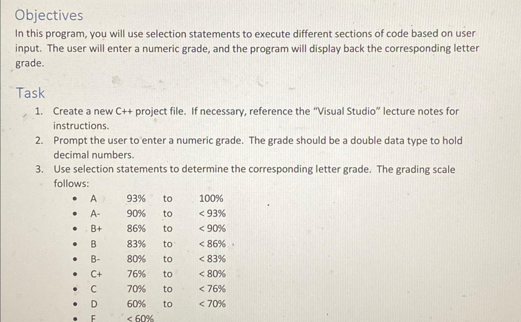 Solved ObjectivesIn this program, you will use selection | Chegg.com