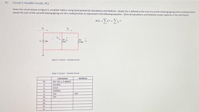 IV. Circuit 1: Parallel Circuits, KCL Given the | Chegg.com