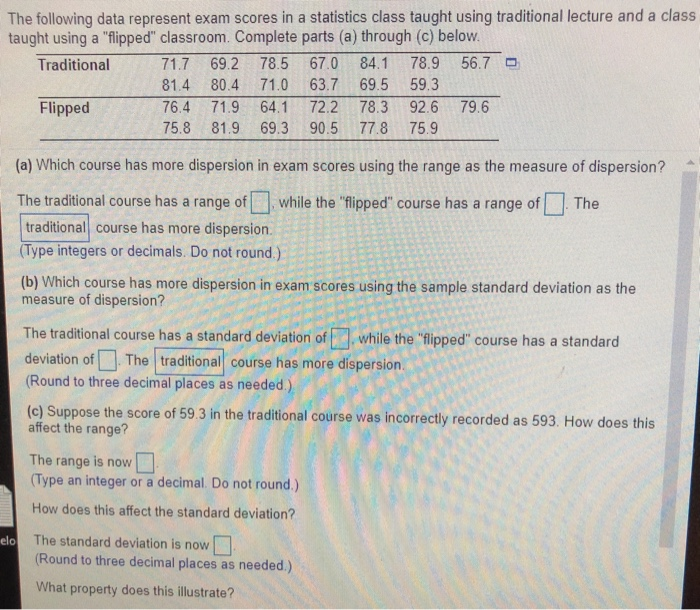 Solved The following data represent exam scores in a | Chegg.com