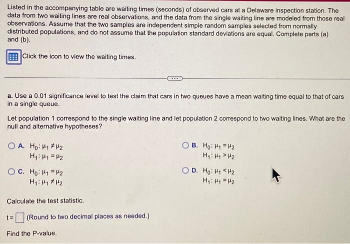 Solved Listed in the accompanying table are waiting times | Chegg.com