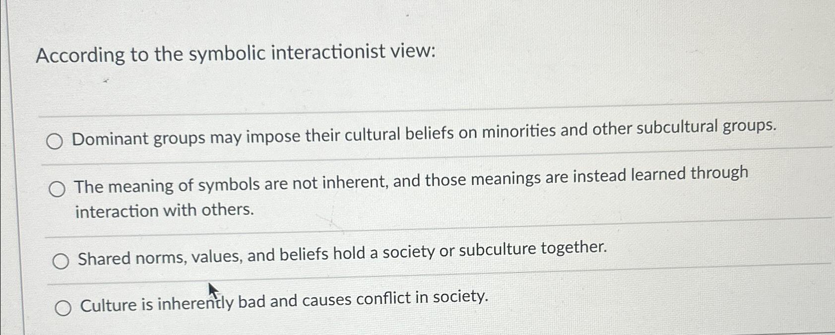 Solved According to the symbolic interactionist | Chegg.com