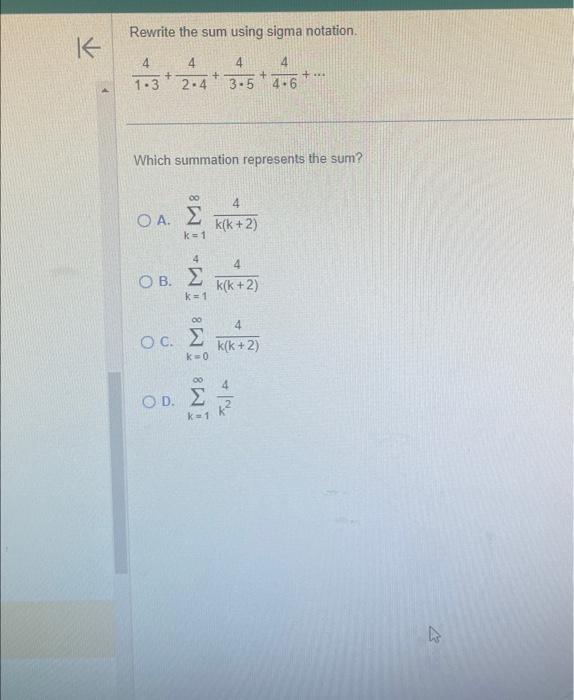 Solved Κ Rewrite the sum using sigma notation. Δ 1 1-3 3-5 | Chegg.com