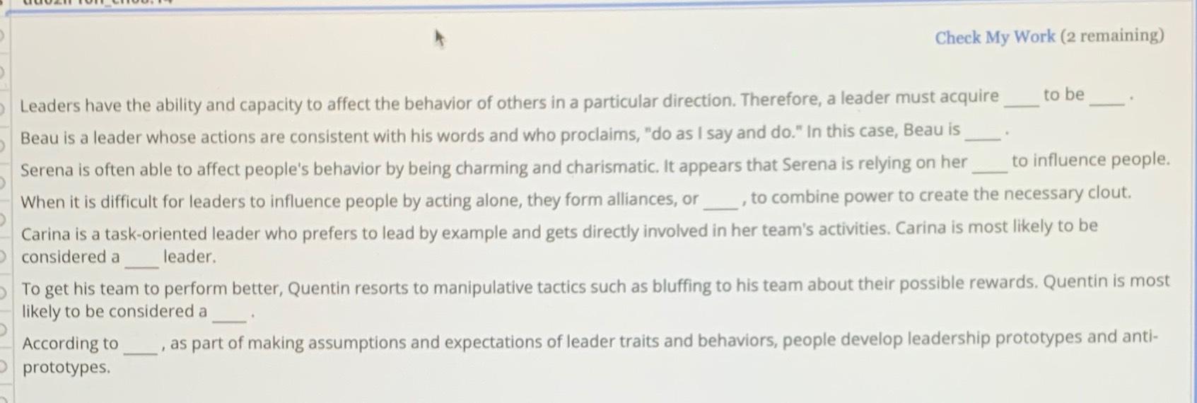 Solved Check My Work (2 ﻿remaining)Leaders have the ability | Chegg.com