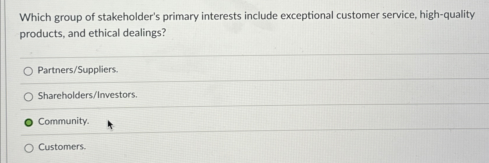 Solved Which group of stakeholder's primary interests | Chegg.com