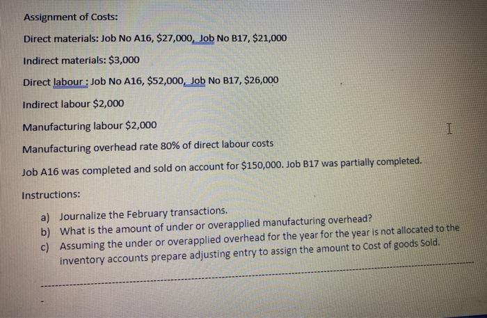 Solved Assignment of Costs: Direct materials: Job No A16, | Chegg.com