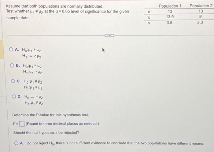 Solved Assume that both populations are normally | Chegg.com