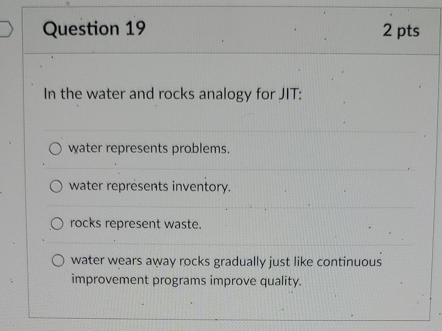 Solved In the water and rocks analogy for JIT: water | Chegg.com