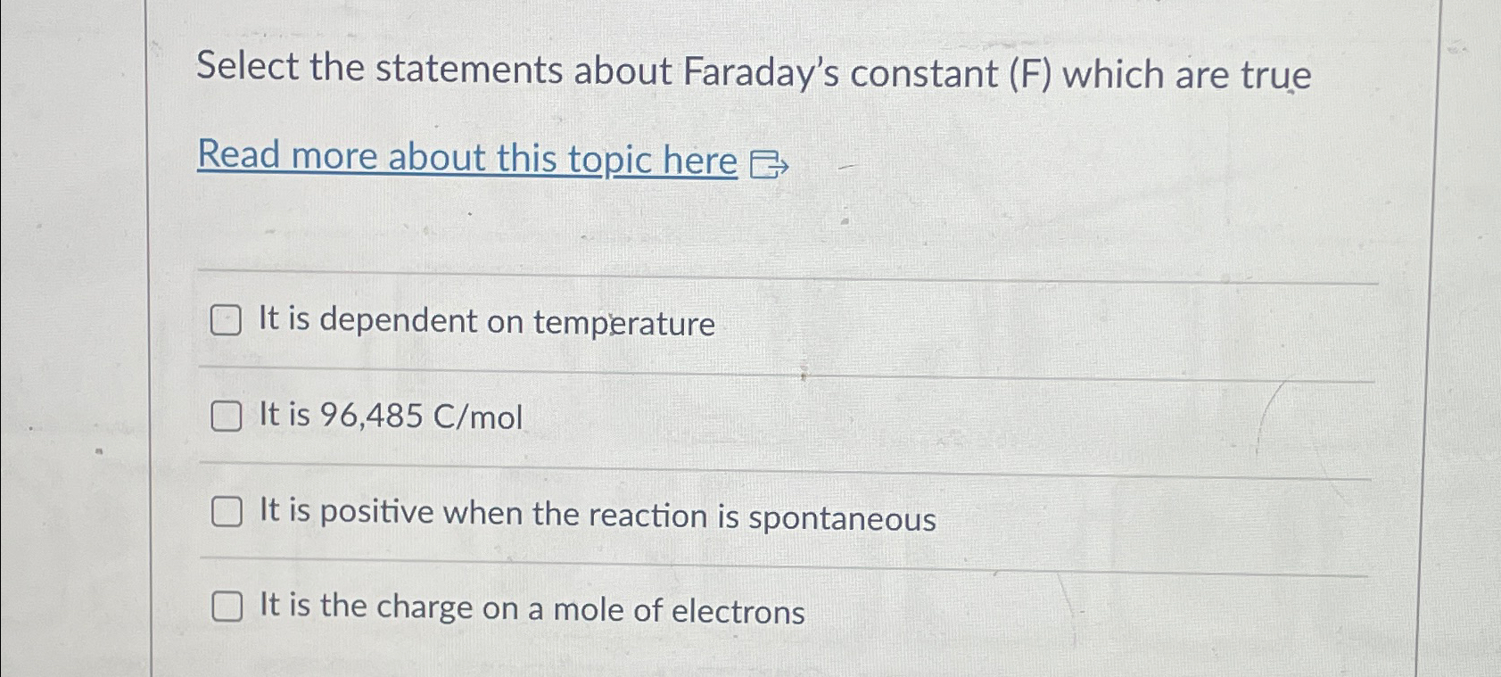 Solved Select the statements about Faraday's constant (F) | Chegg.com