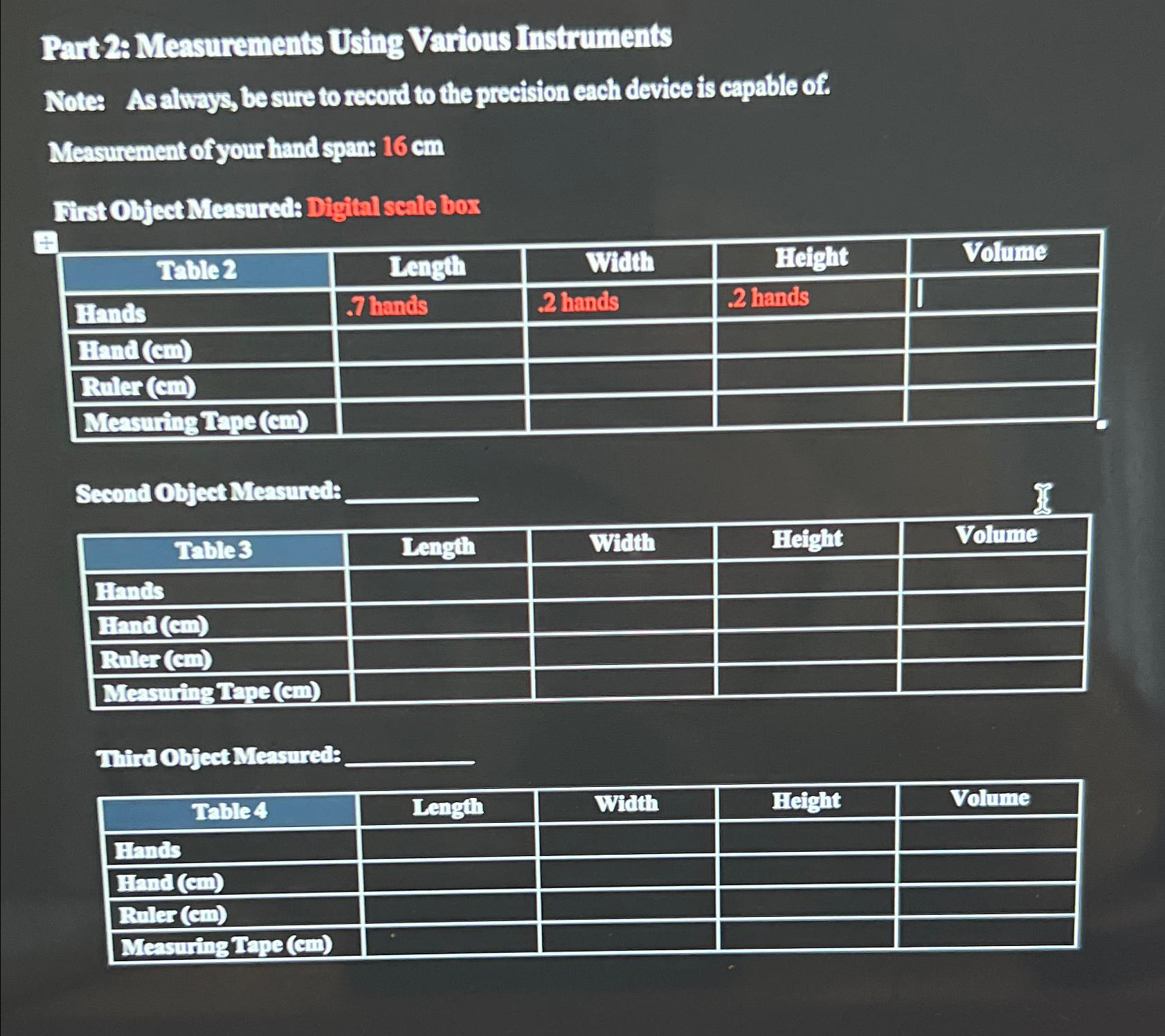 Part2: Measurements Using Various Instruments\\nNote: | Chegg.com