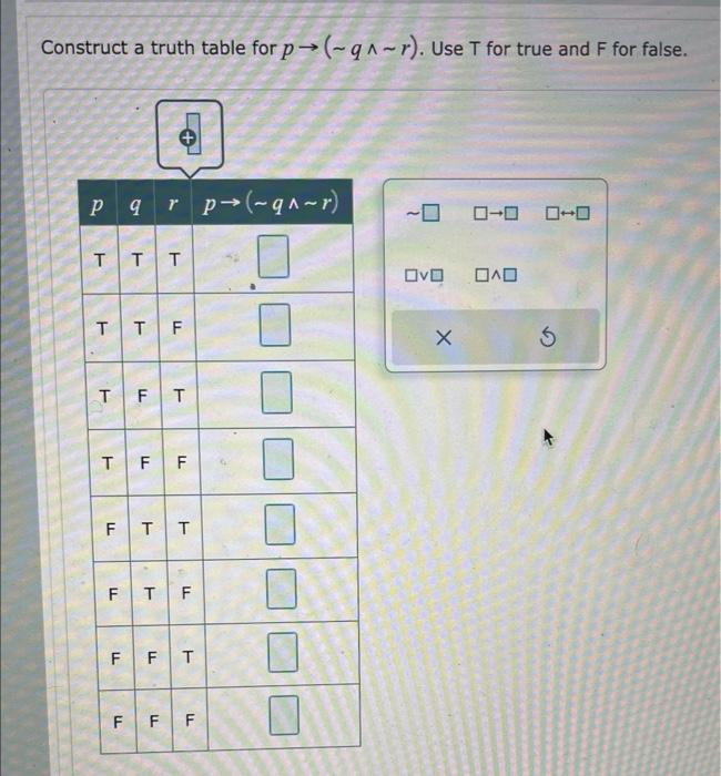 Solved Construct a truth table for p→(∼q∧∼r). Use T for true | Chegg.com