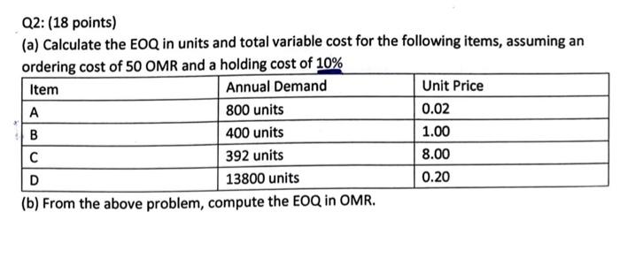 [Solved]: Q2: (18 points) (a) Calculate the EOQ in units an