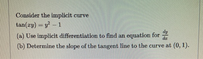 Solved Consider the implicit curve tan(xy) = y2 - 1 dy (a) | Chegg.com
