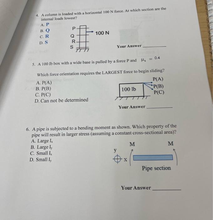 Solved 4. A column is loaded with a horizontal 100 N force. | Chegg.com